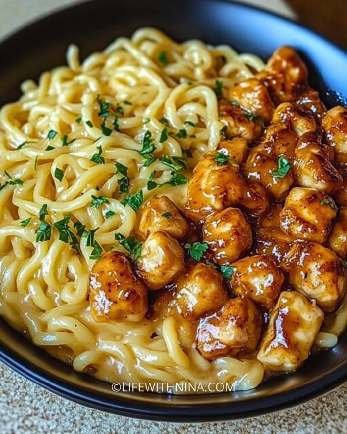Cafeteria Noodles with Garlic Butter Chicken Bites - Life With Nina