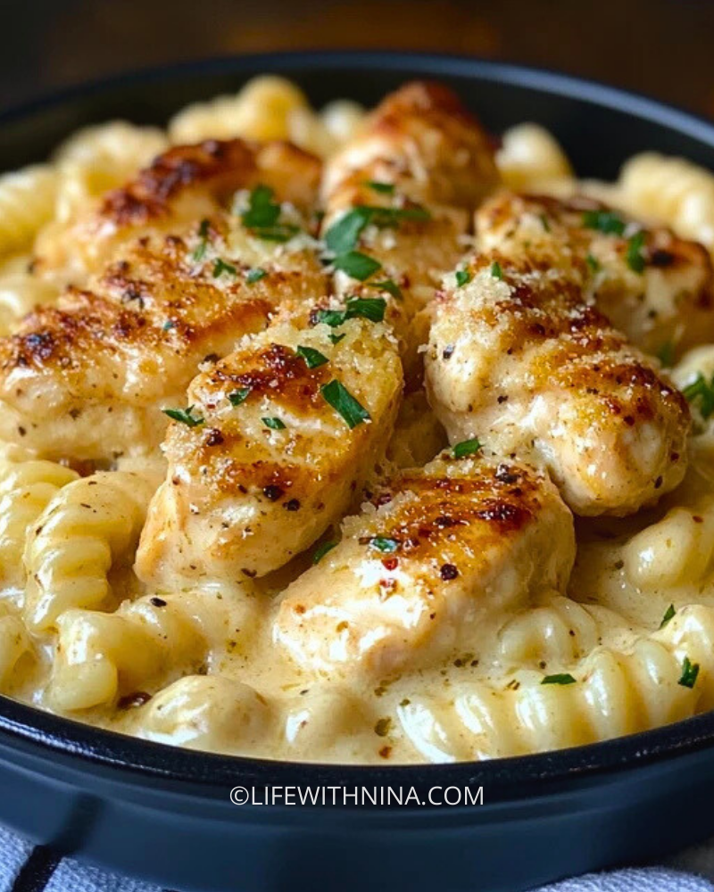 Creamy Garlic Butter Chicken and Rotini in Parmesan Sauce
