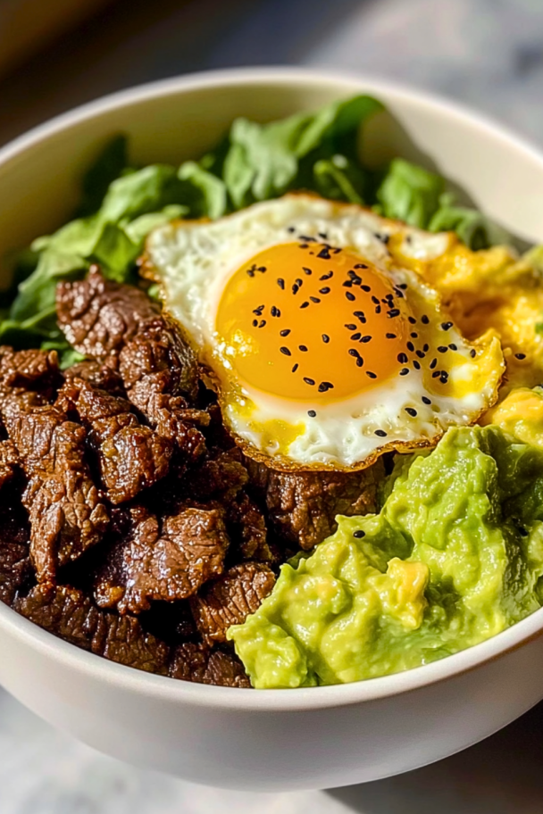 Beef Cheddar Egg & Guac Power Bowl