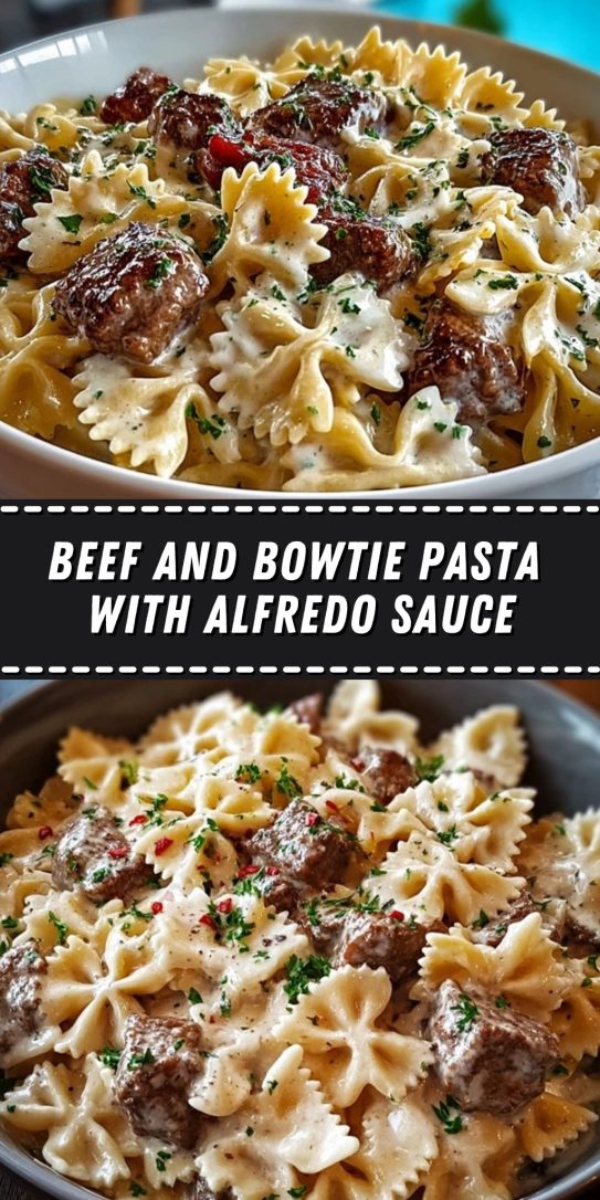 Beef and Bowtie Pasta with Alfredo Sauce
