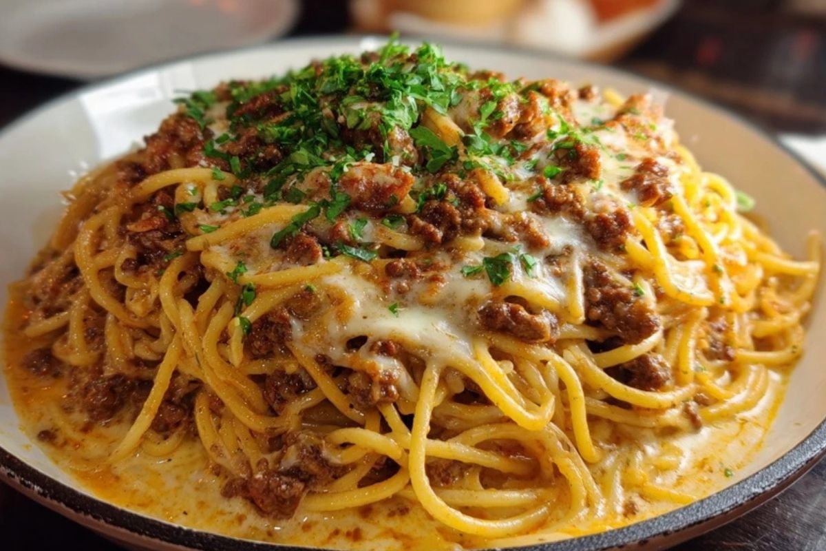 Cajun Beef Spaghetti in Creamy Three-Cheese Parmesan Sauce