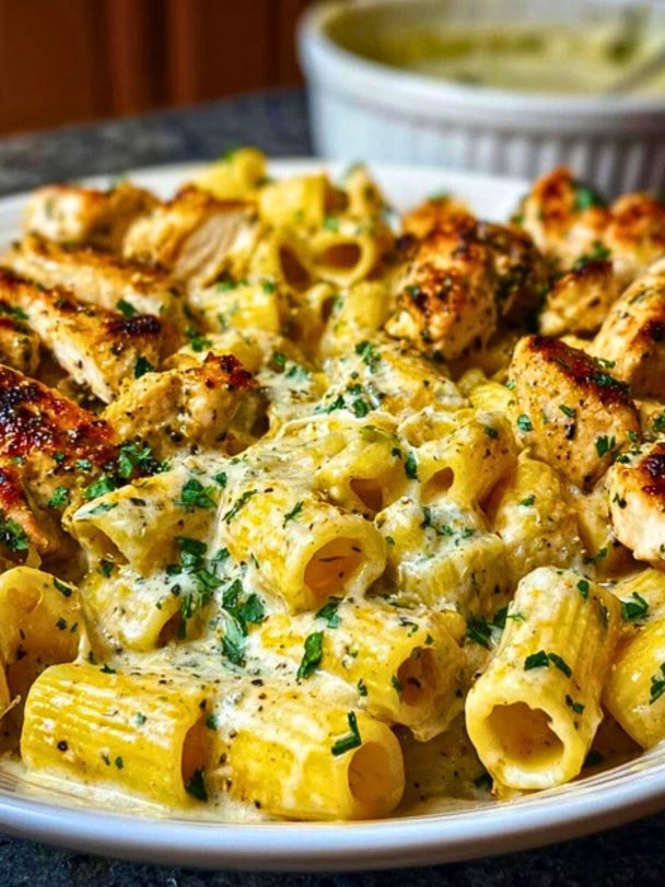 Cheesy Garlic Butter Chicken Rigatoni in Creamy Alfredo Sauce
