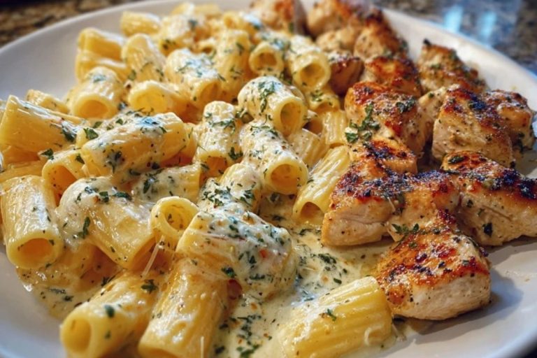 Cheesy Garlic Butter Chicken Rigatoni in Creamy Alfredo Sauce