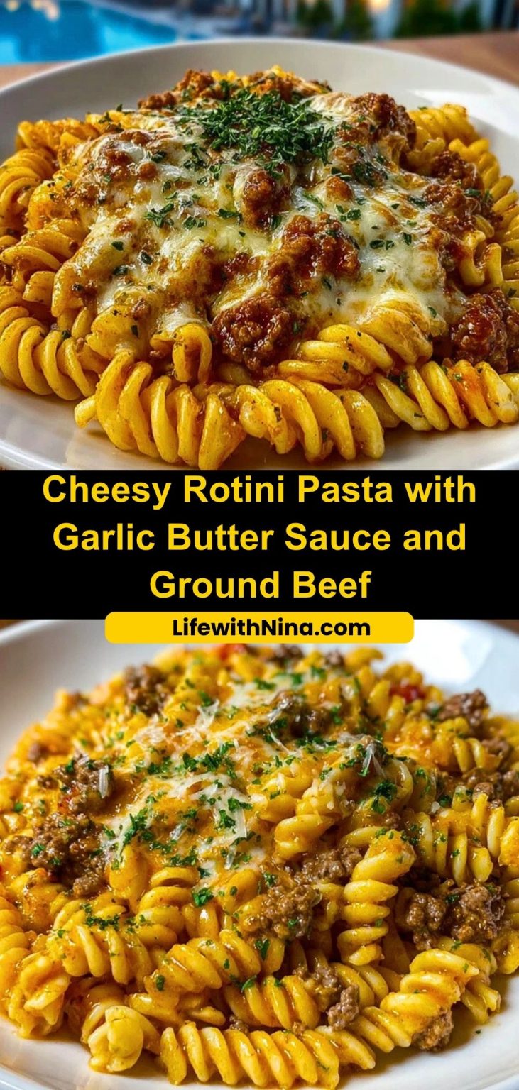 Cheesy Rotini Pasta with Garlic Butter Sauce and Ground Beef