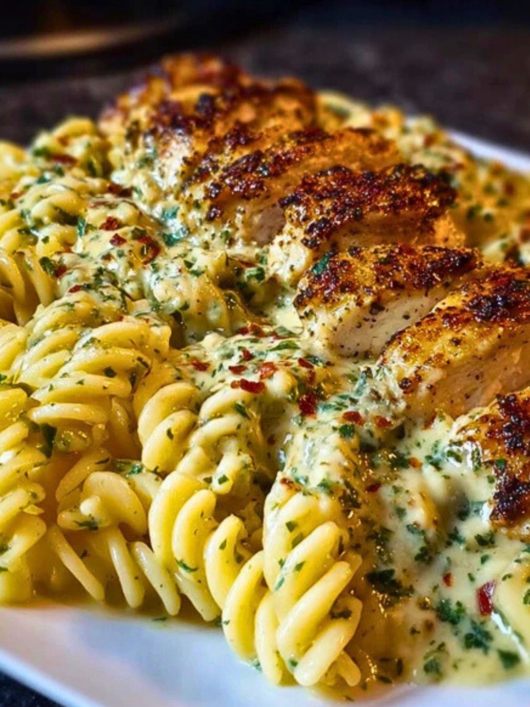 Cheesy Twisted Pasta with Creamy Garlic Parmesan Chicken