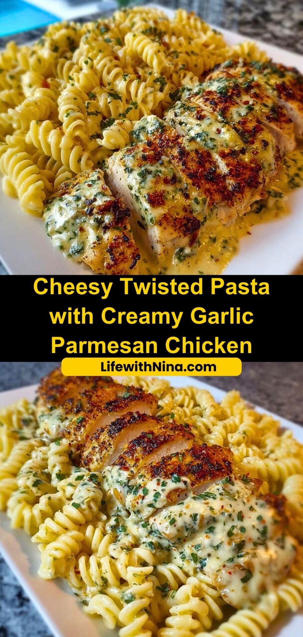 Cheesy Twisted Pasta with Creamy Garlic Parmesan Chicken