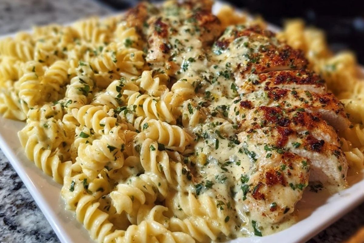 Cheesy Twisted Pasta with Creamy Garlic Parmesan Chicken