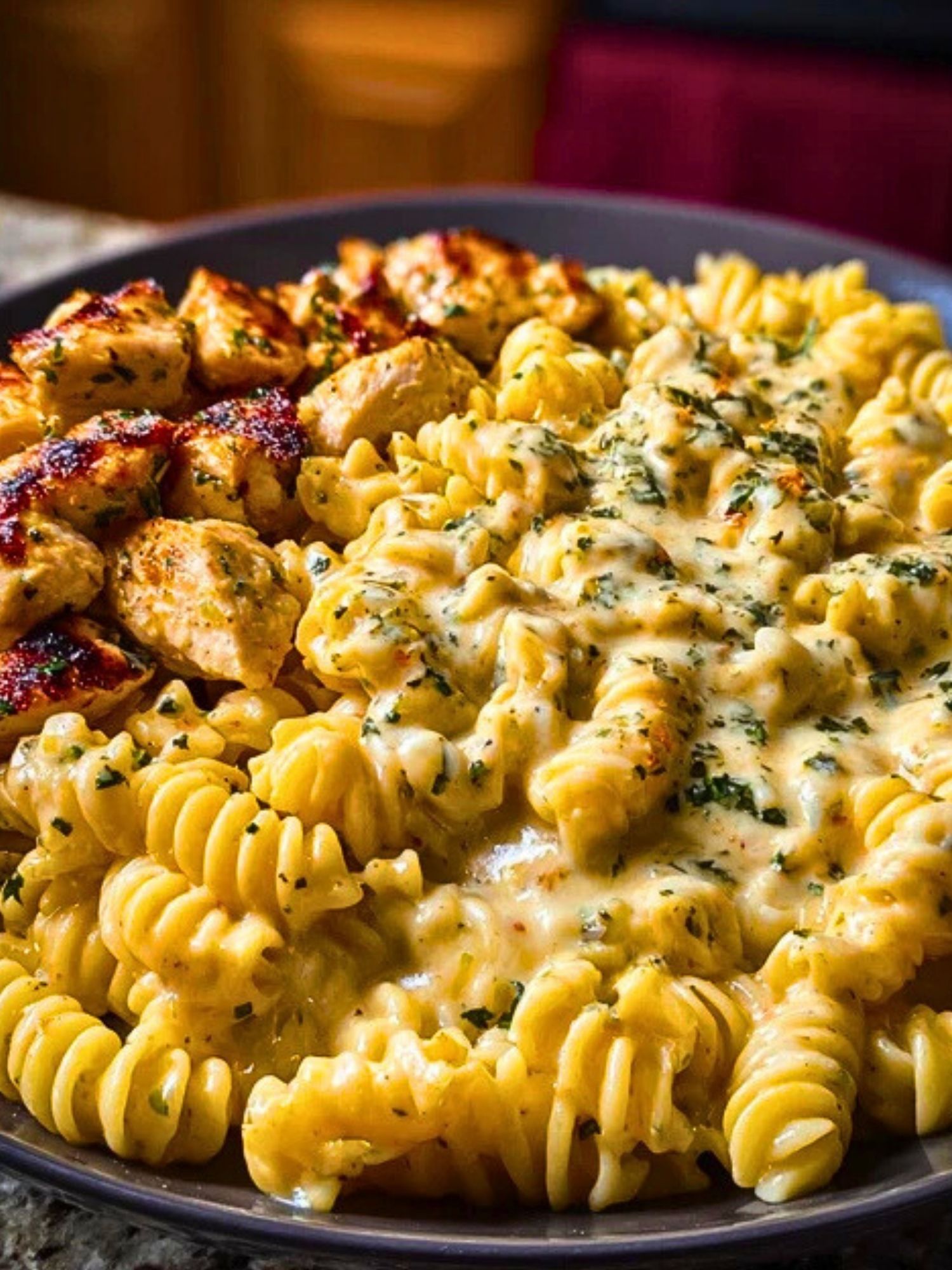 Cheesy Velveeta Chicken Twisted Pasta with Mozzarella Garlic Sauce