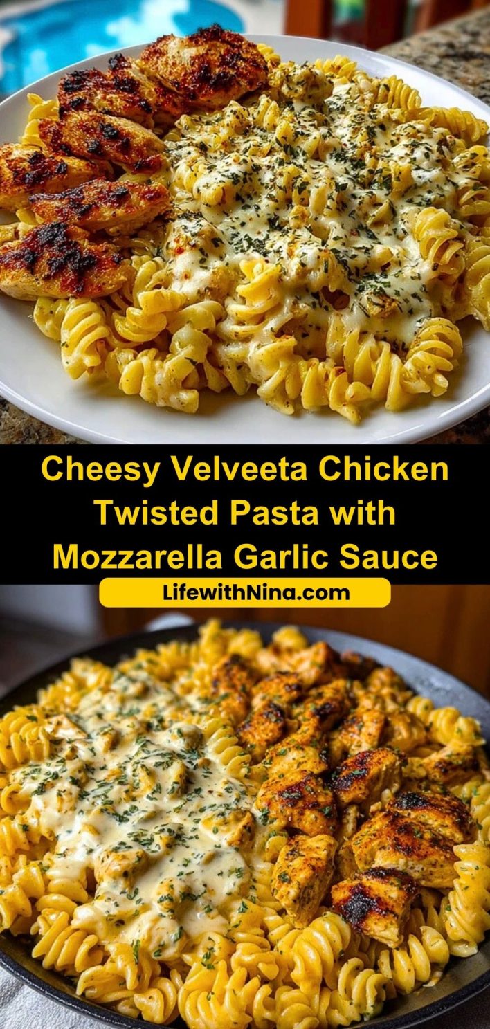 Cheesy Velveeta Chicken Twisted Pasta with Mozzarella Garlic Sauce