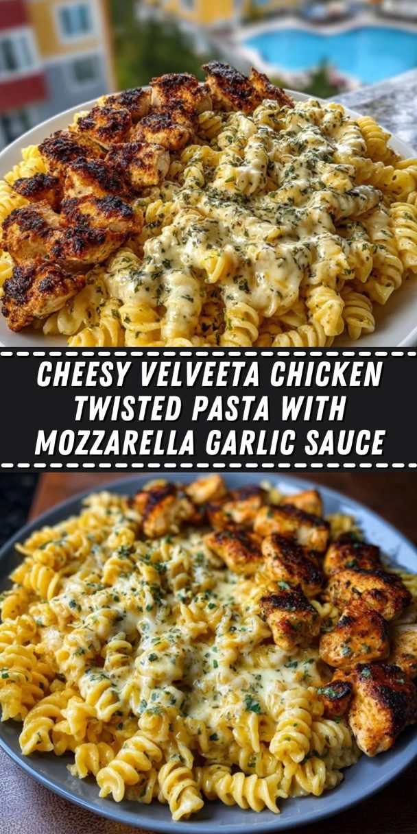 Cheesy Velveeta Chicken Twisted Pasta with Mozzarella Garlic Sauce