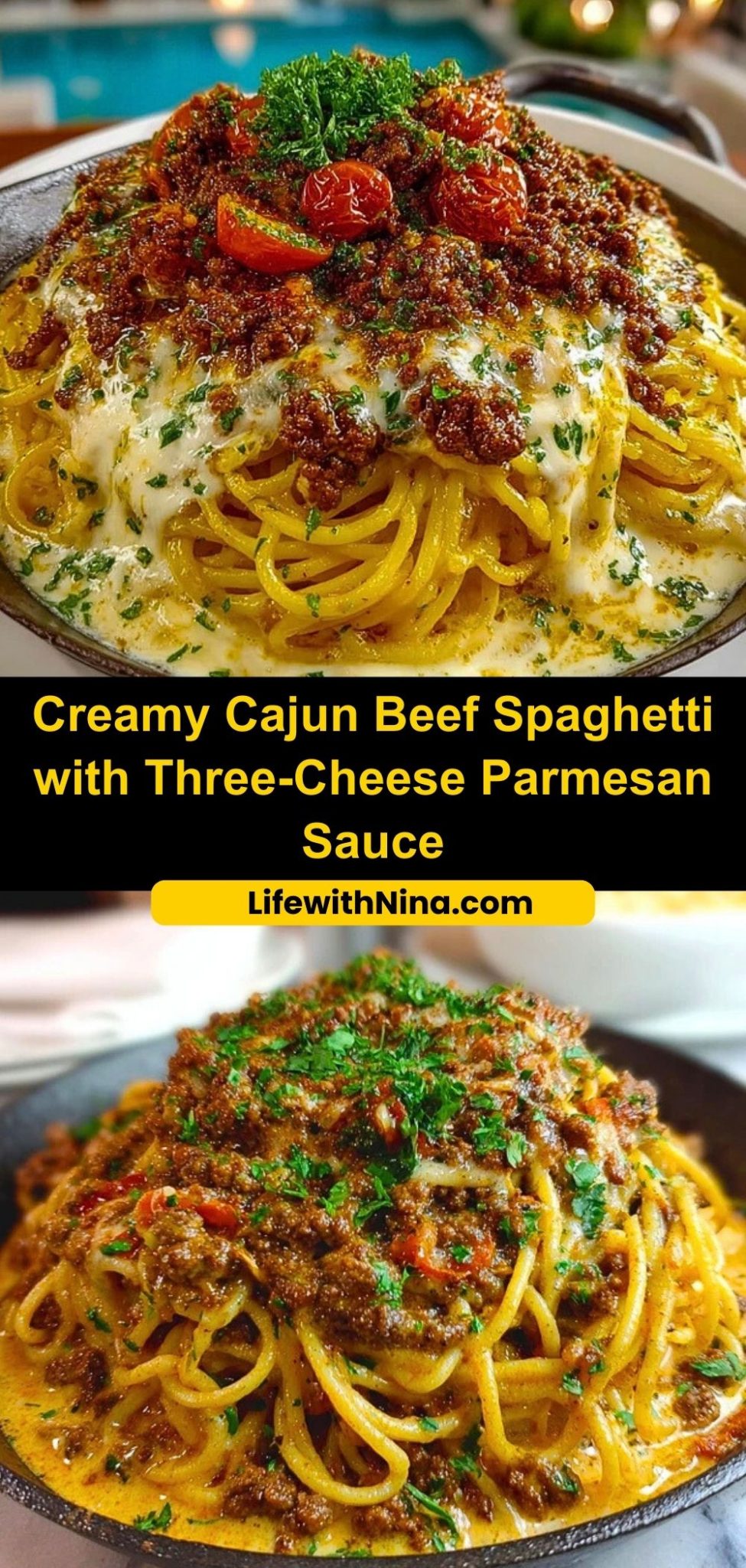 Creamy Cajun Beef Spaghetti with Three-Cheese Parmesan Sauce