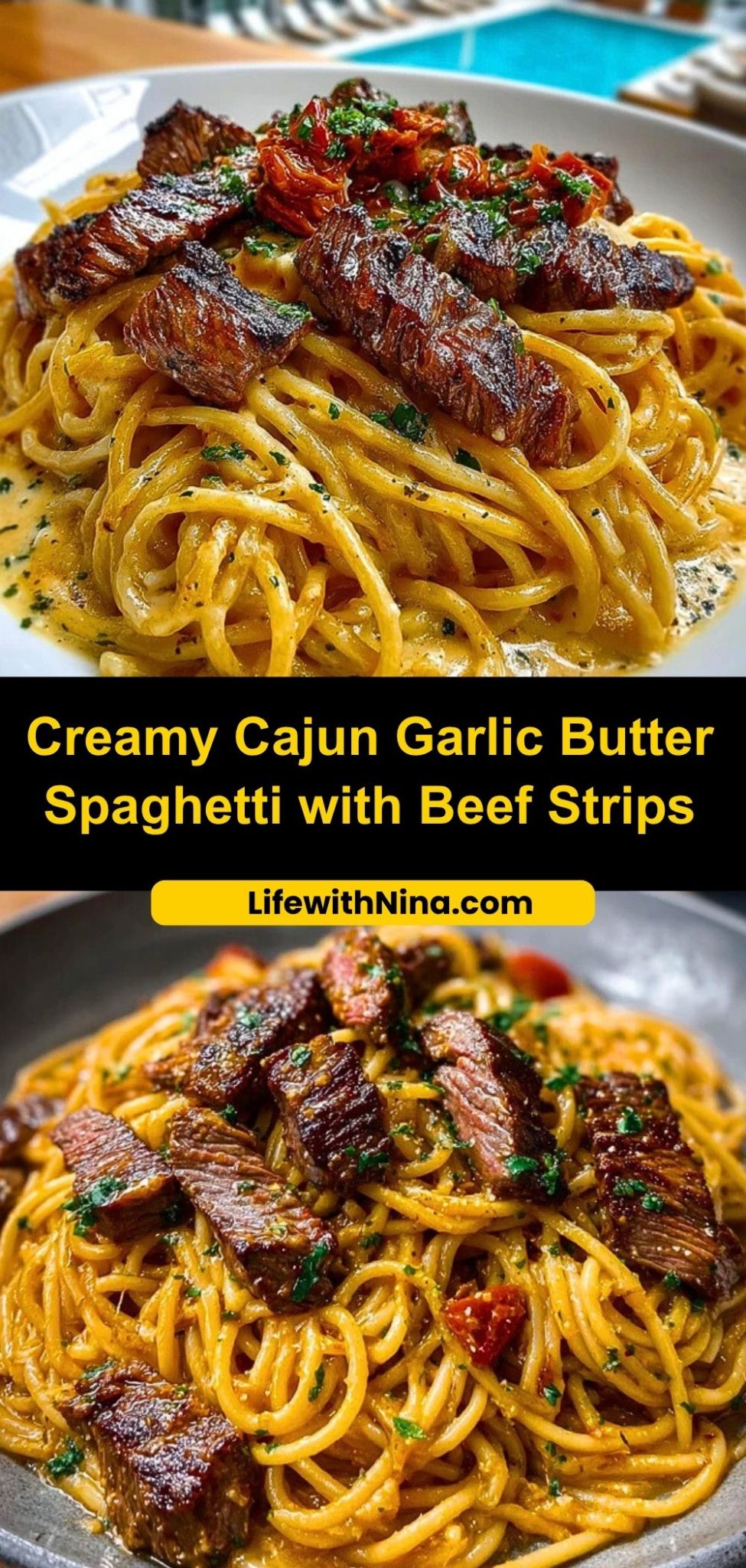 Creamy Cajun Garlic Butter Spaghetti with Beef Strips