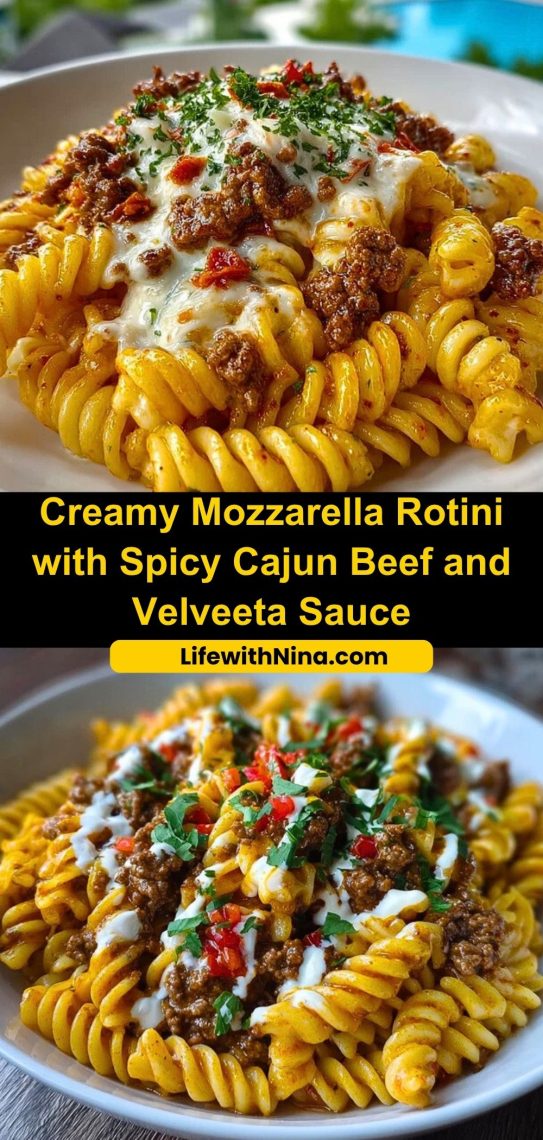 Creamy Mozzarella Rotini with Spicy Cajun Beef and Velveeta Sauce