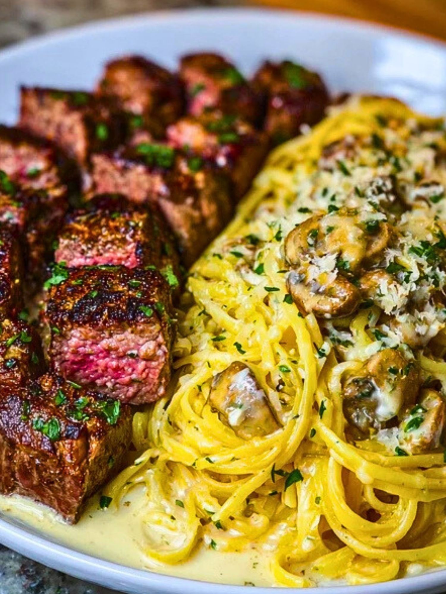 Garlic Butter Steak with Cheesy Linguine in Four-Cheese Sauce