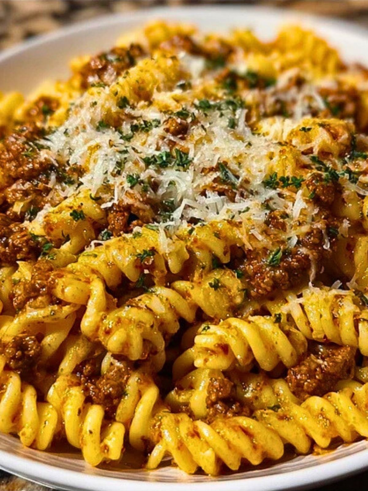 Cheesy Garlic Twisted Pasta with Cajun Ground Beef and Alfredo Velveeta